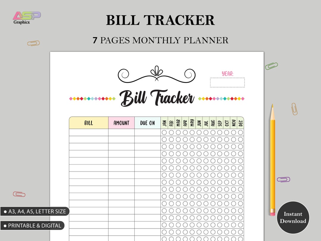 Monthly Bill Tracker Printable | Budget Planner | Bill Organizer ...
