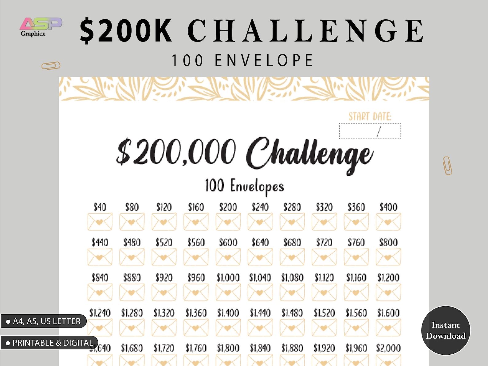 200K 100 ENVELOPE CHALLENGE Printable 200000 Saving Tracker - Etsy