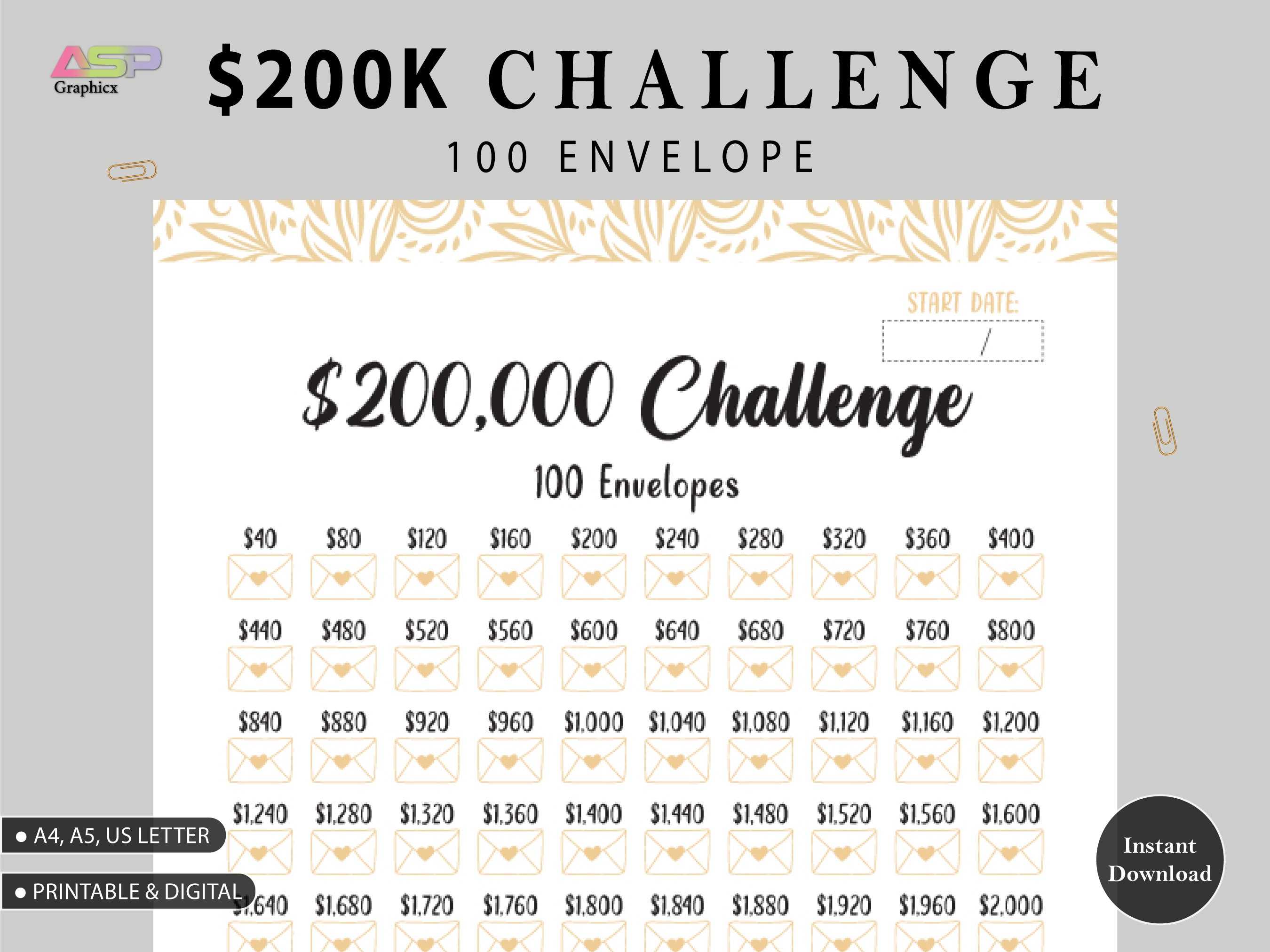200K 100 ENVELOPE CHALLENGE Printable 200,000 Saving Tracker 200K ...