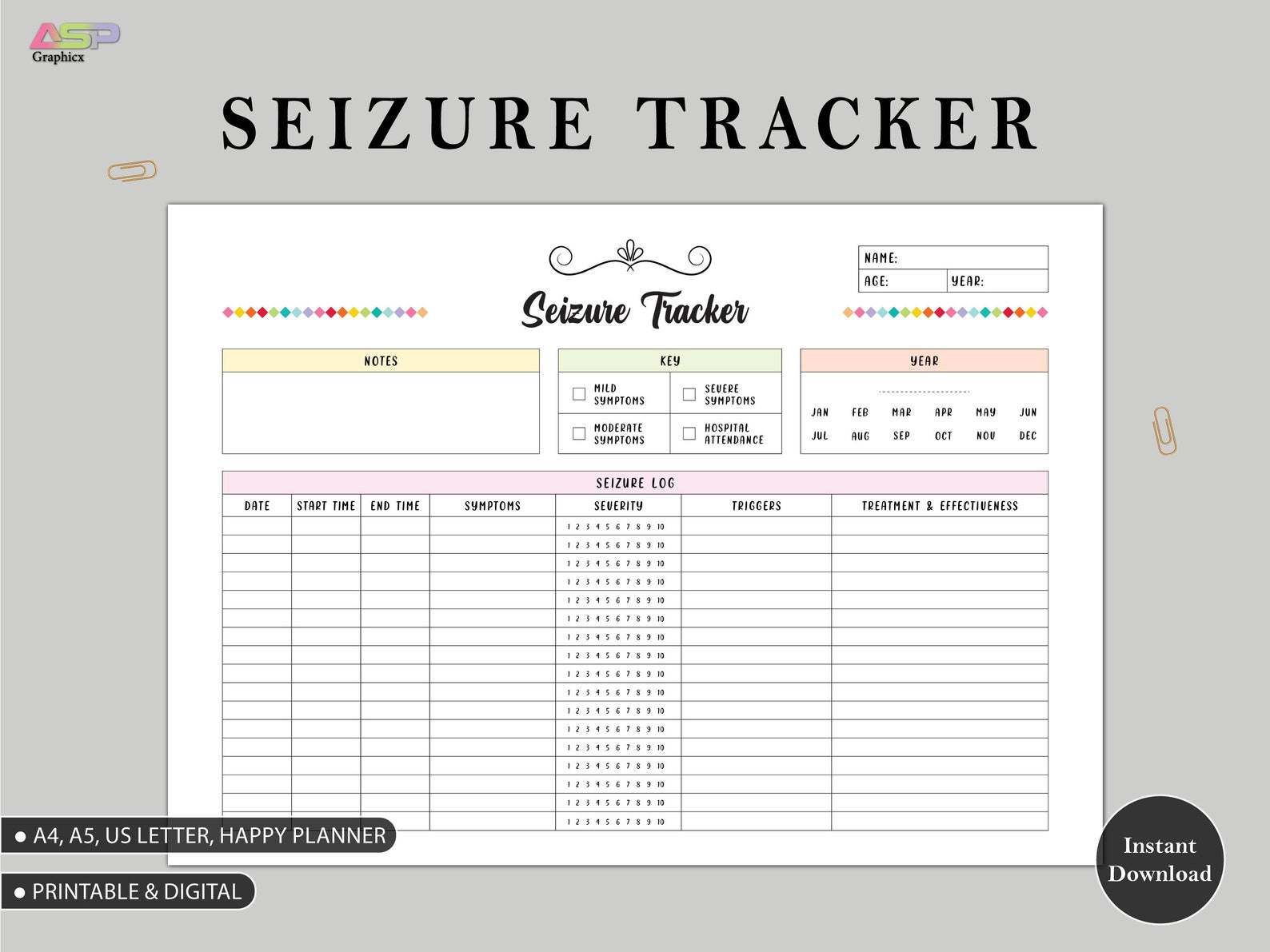 Monthly Seizure Tracker | Symptom Chart, Minimalist Design (digital ...