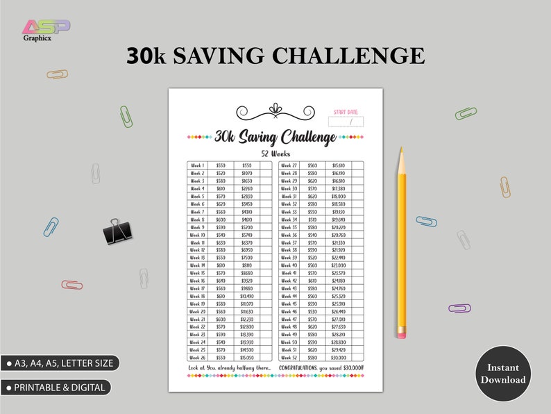 30K Money Saving Challenge PRINTABLE 30000 in 52 Weeks - Etsy