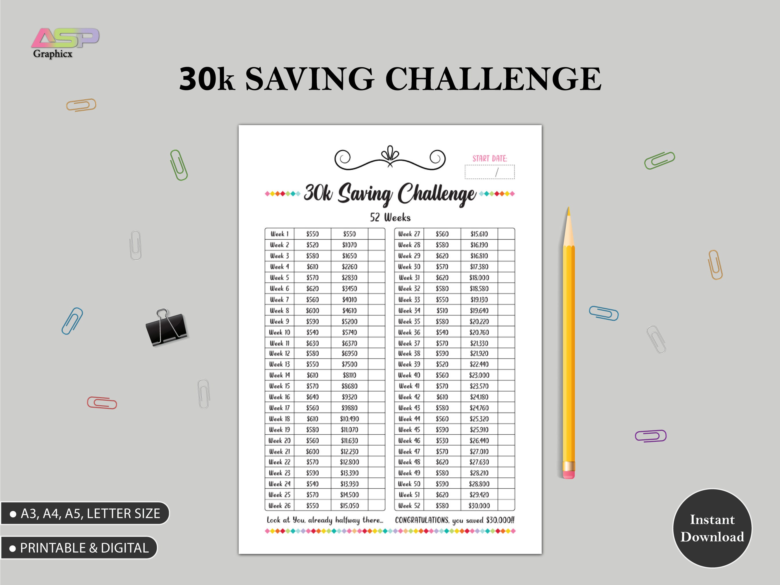 30K Money Saving Challenge PRINTABLE 30000 in 52 Weeks - Etsy