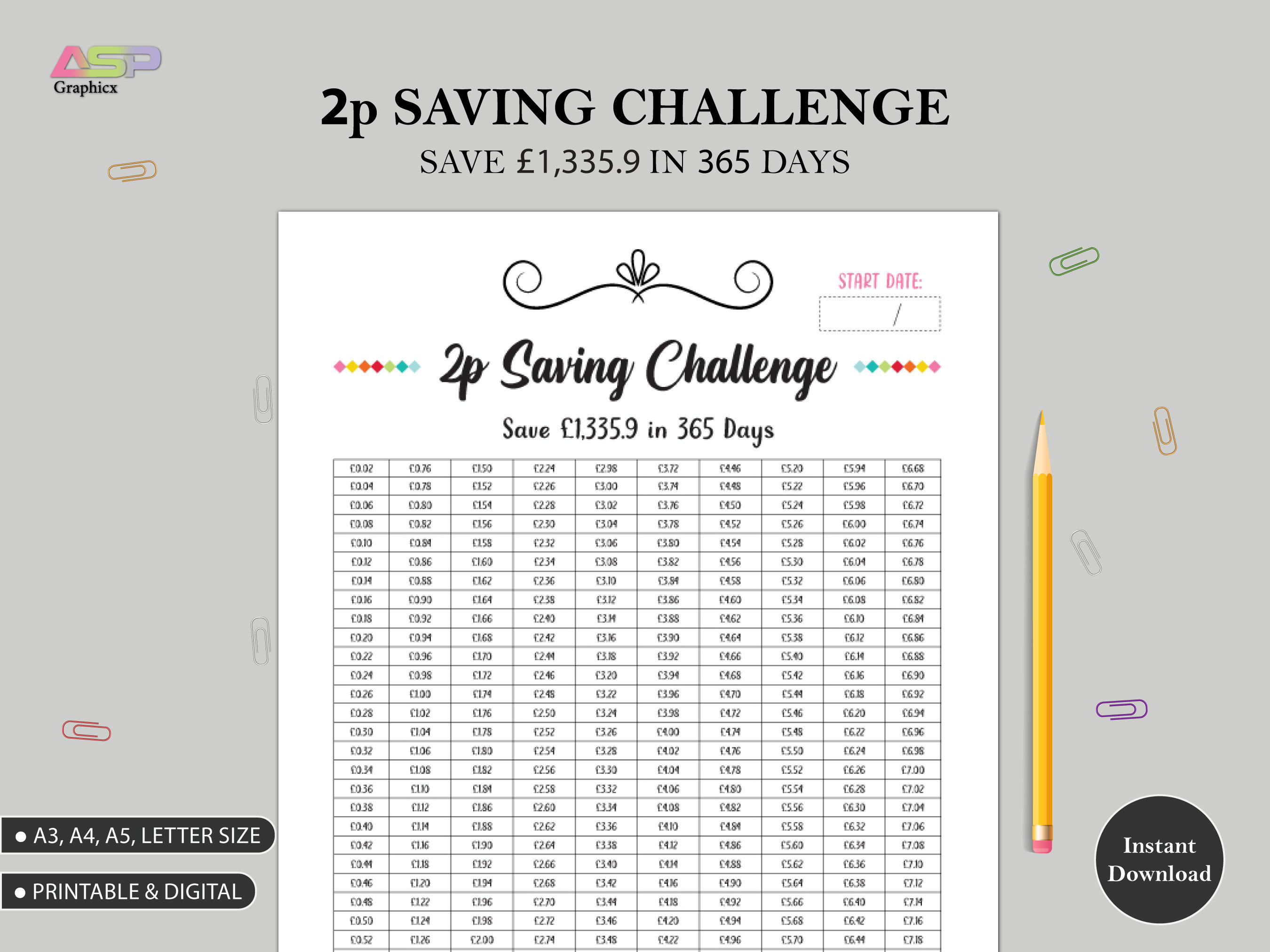 365 Days 2p Saving Challenge Printable | Teach Kids to Save | Pound ...