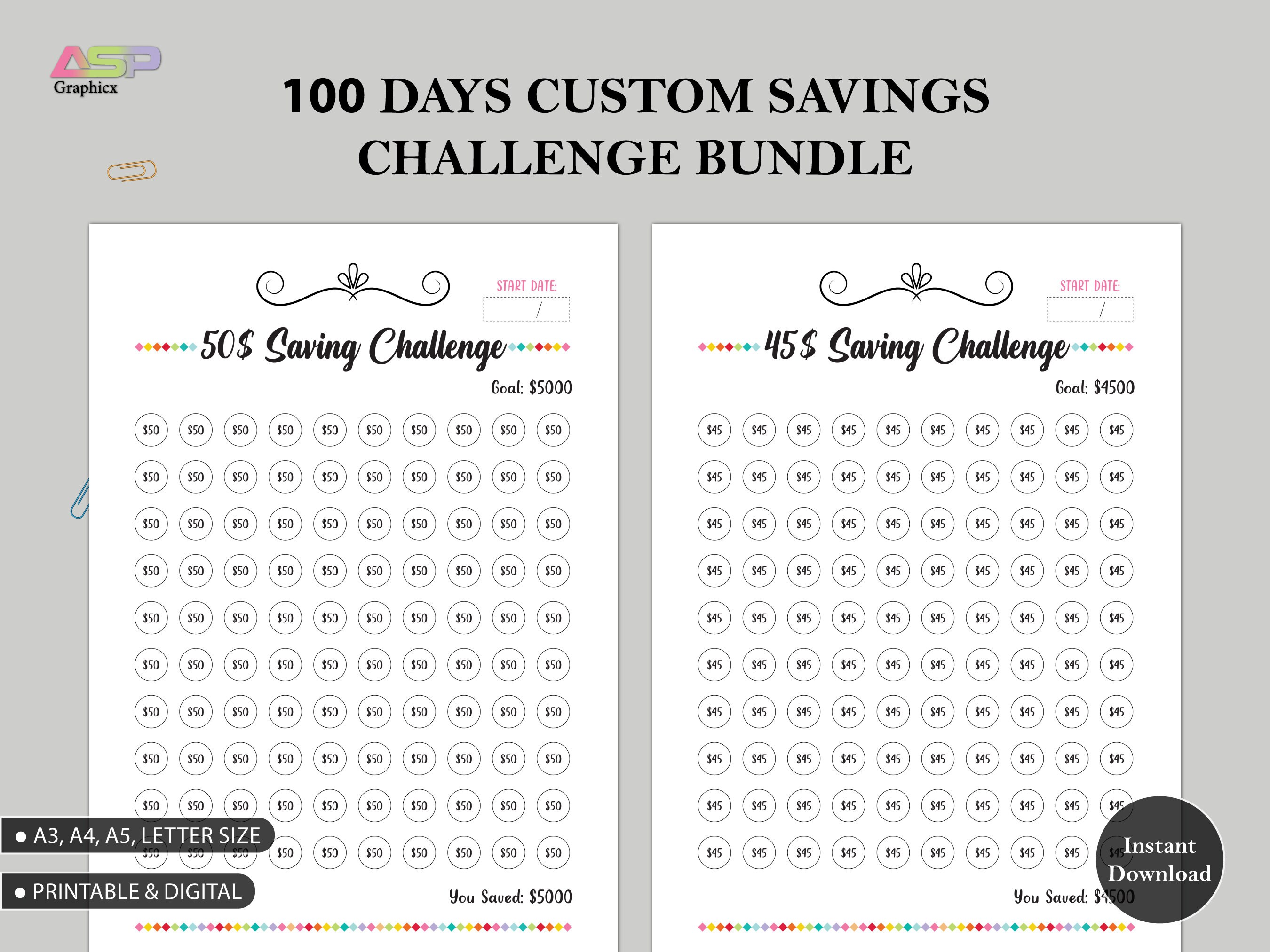 Custom 100 Day Savings Challenge – Printable Tracker Bundle (A3 A4 A5 ...