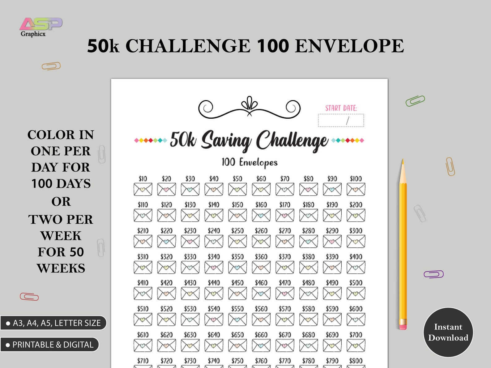 50K Savings Challenge Printable | 100 Envelope Tracker (digital ...