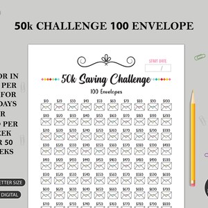 50K 100 ENVELOPE CHALLENGE Printable | 50,000 Saving Tracker | 50K ...