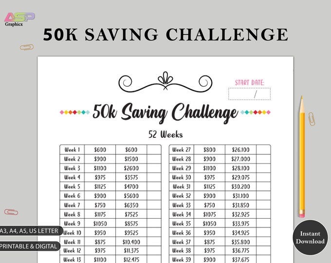 50K Savings Challenge, Savings Tracker, Money Challenge, 52 Weeks, 1 ...