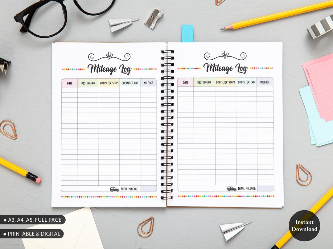 Mileage Log Planner Printable, A3 A4 A5 Sizes (digital Download) - Etsy