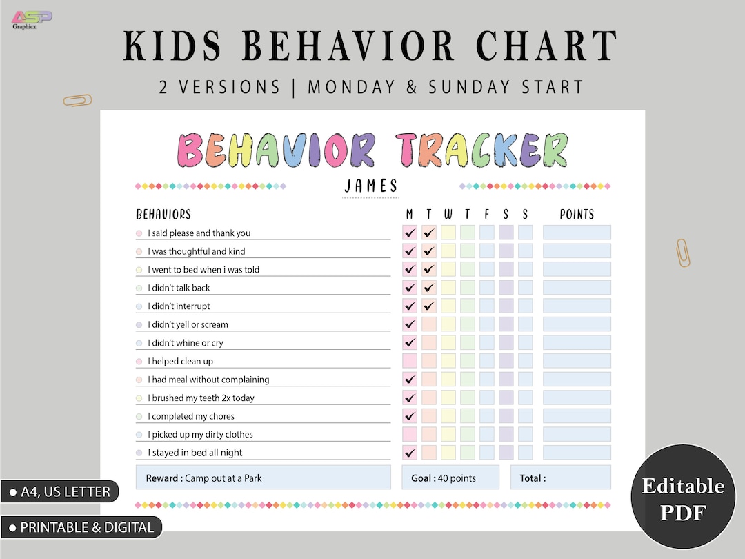 Behavior Reward Chart for Kids | Editable Digital PDF | Good Behavior ...