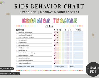 Behavior Reward Chart for Kids | Printable, Editable, Digital PDF ...