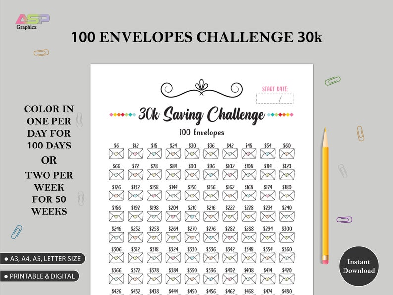30K 100 ENVELOPE CHALLENGE Printable Saving Tracker - Etsy