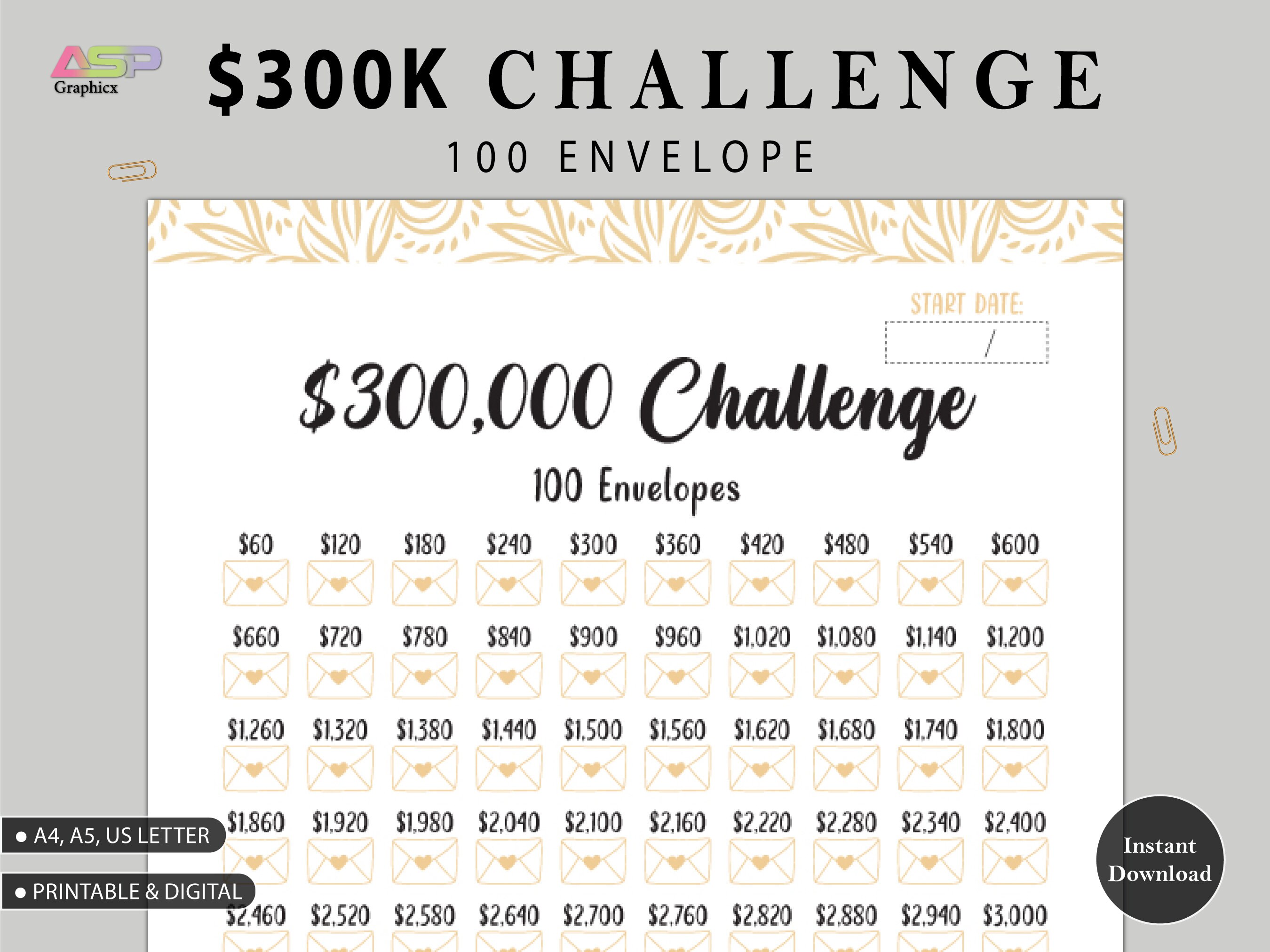 300K 100 ENVELOPE CHALLENGE Printable | 300,000 Saving Tracker | 300K ...