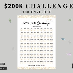 200K Savings Challenge Printable | 100 Envelope Tracker (digital ...