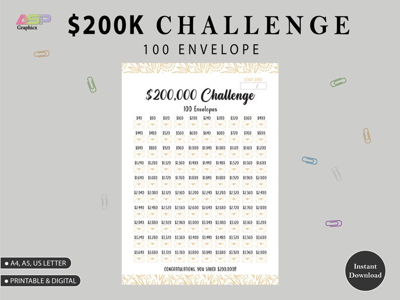 200K Savings Challenge Printable | 100 Envelope Tracker (digital ...