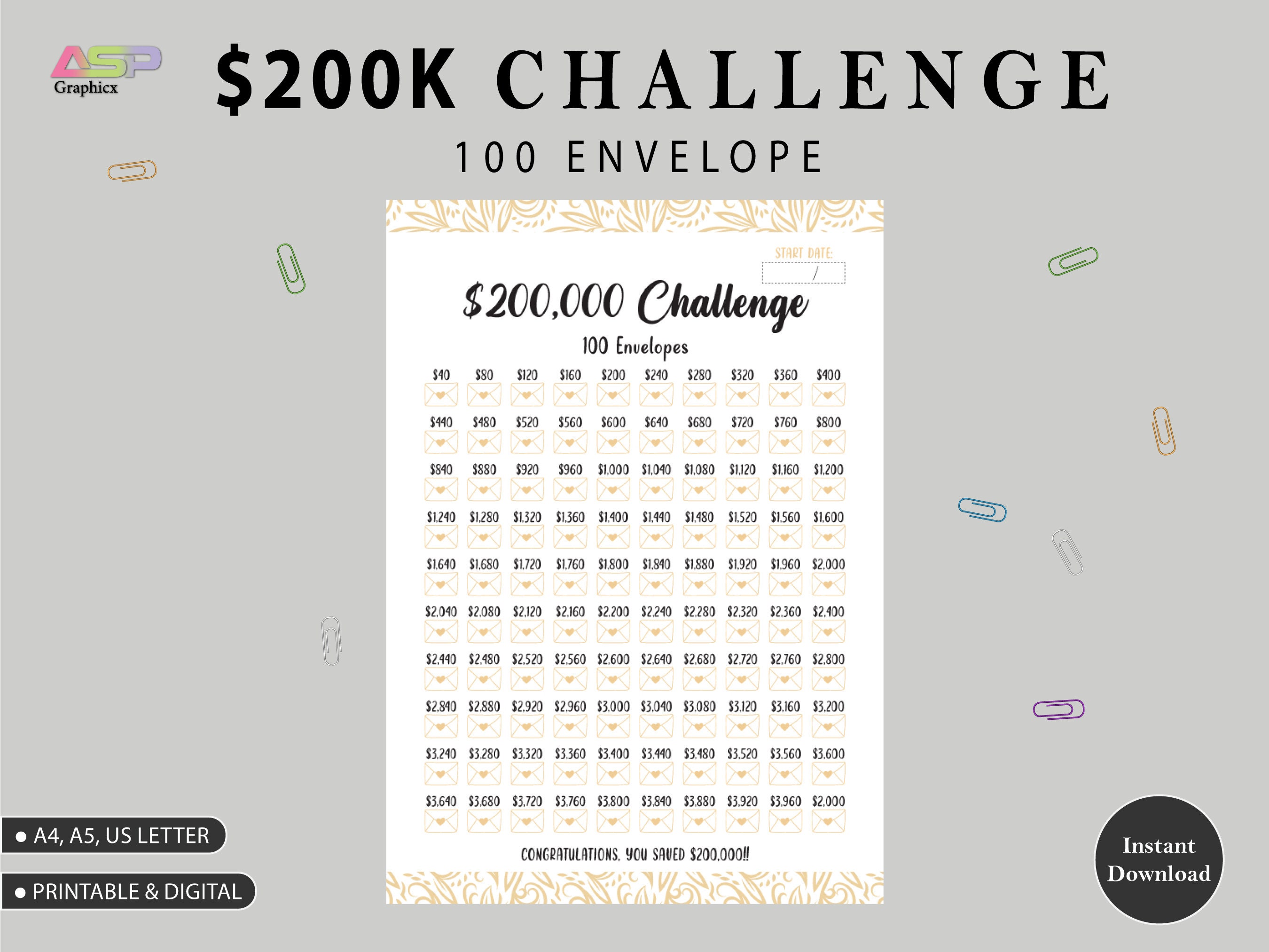 200K Savings Challenge Printable | 100 Envelope Tracker (digital ...