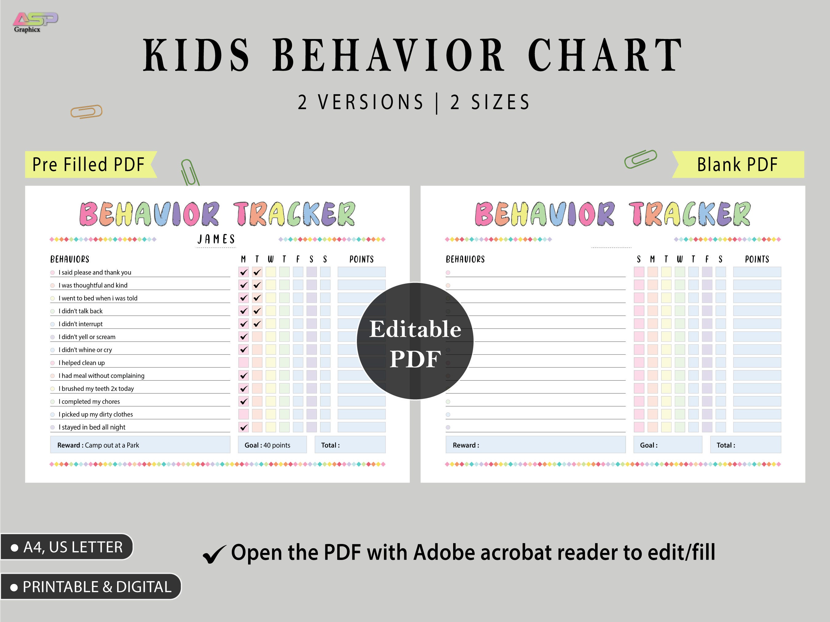 Behavior Reward Chart for Kids | Editable Digital PDF | Good Behavior ...