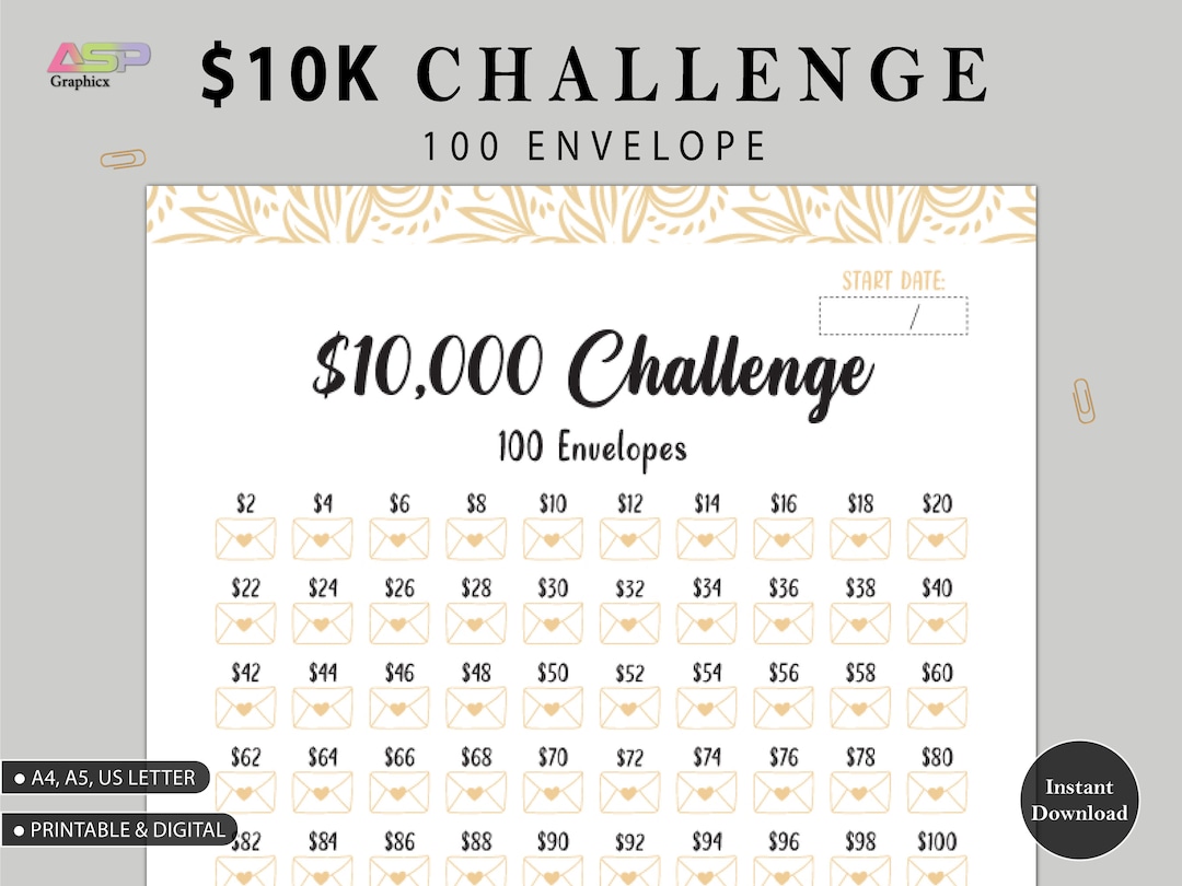 10K 100 ENVELOPE CHALLENGE Printable | 10,000 Saving Tracker | 10K ...