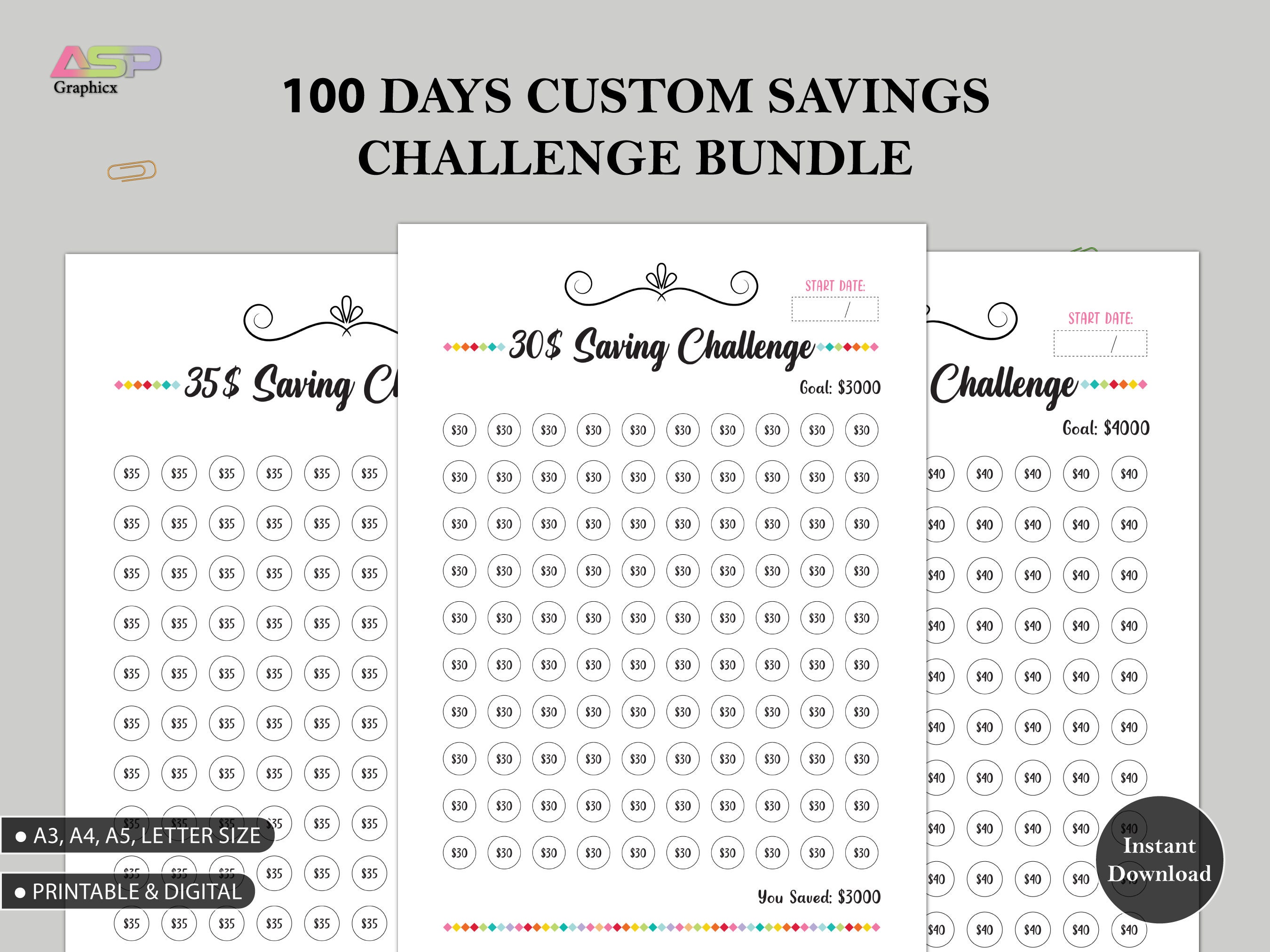 Custom 100 Day Savings Challenge – Printable Tracker Bundle (A3 A4 A5 ...