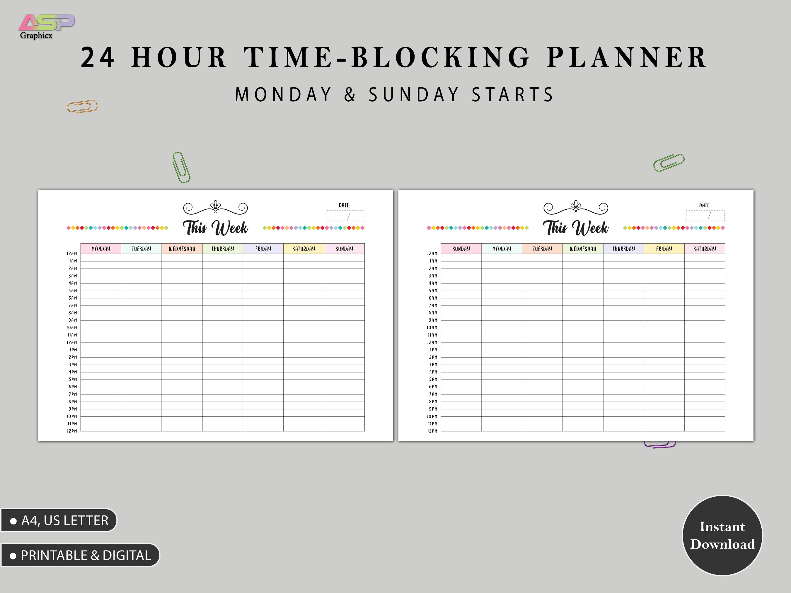 24 Hour Time Blocking Weekly Planner Printable Weekly - Etsy