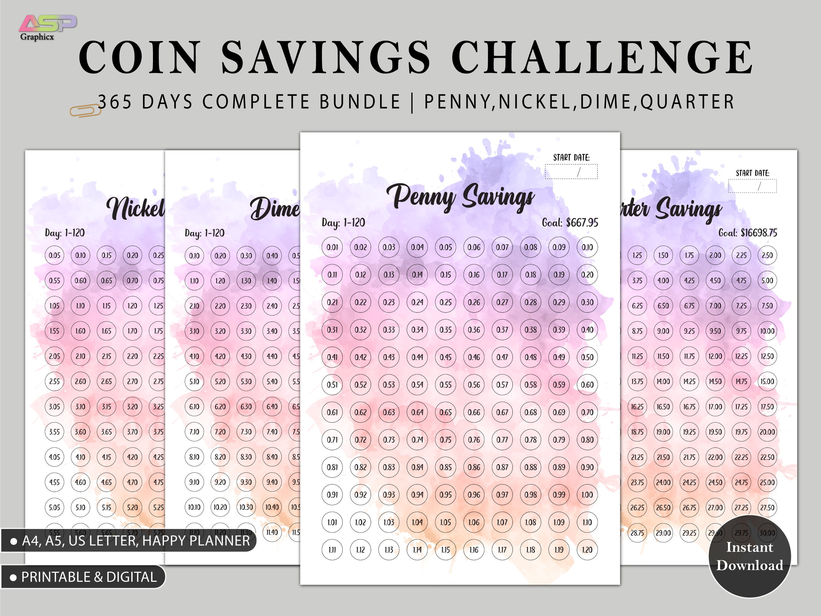 365 Day Savings Challenge Bundle | Coin Tracker (digital Download) - Etsy