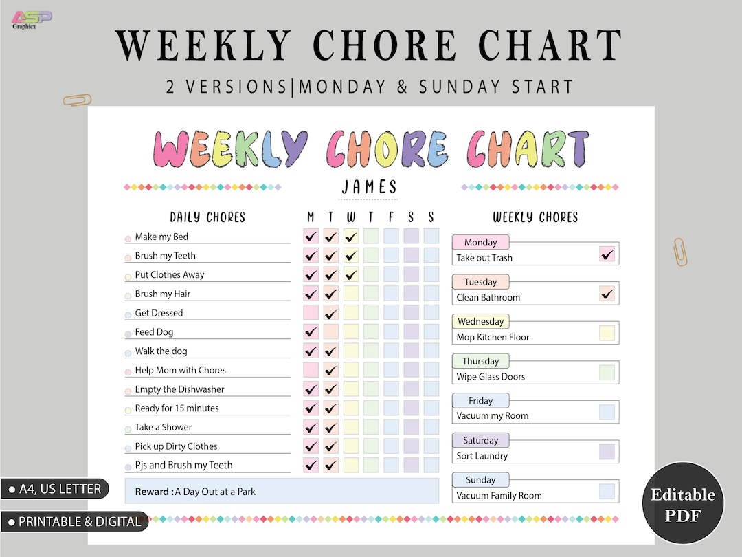 Editable Chore Chart for Kids | Kids Daily Weekly Responsibility Chart ...