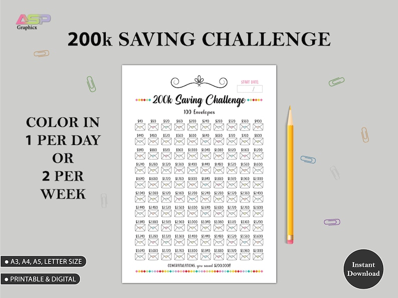 200K 100 ENVELOPE CHALLENGE Printable 200000 Saving Tracker - Etsy
