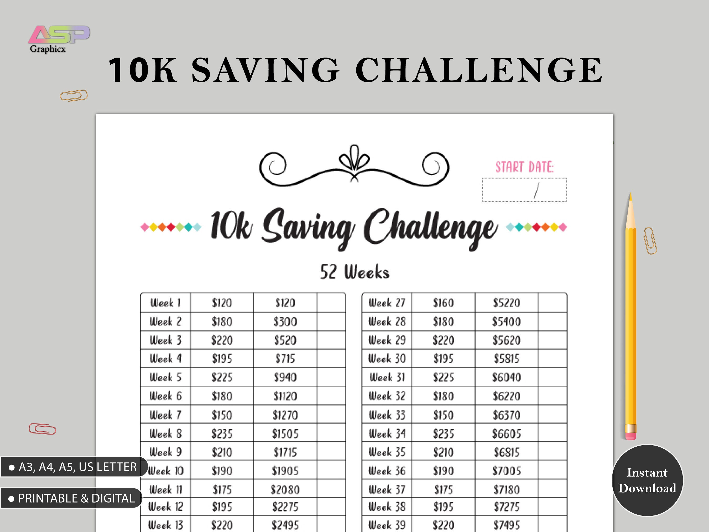 10K Savings Challenge Printable | 52 Week Money Tracker (PDF) - Etsy