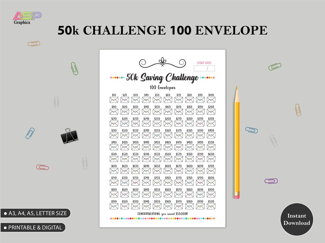 50K 100 ENVELOPE CHALLENGE Printable | 50,000 Saving Tracker | 50K ...