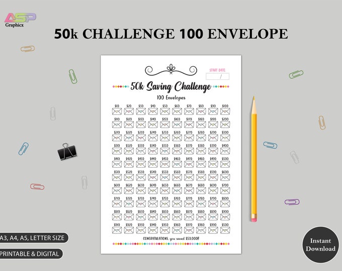 50K 100 ENVELOPE CHALLENGE Printable , 50,000 Saving Tracker, 50K ...
