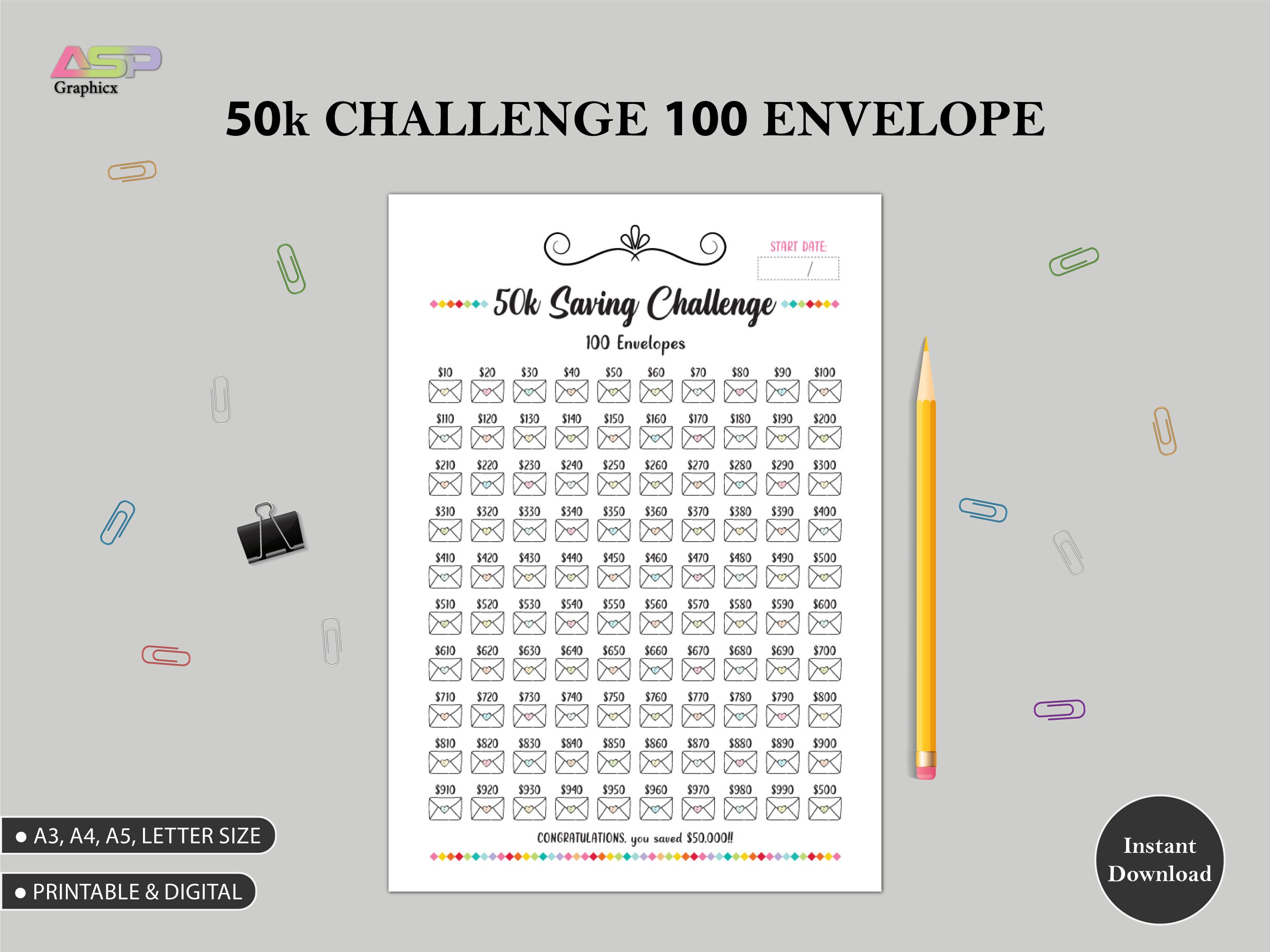 50K 100 ENVELOPE CHALLENGE Printable 50000 Saving Tracker - Etsy
