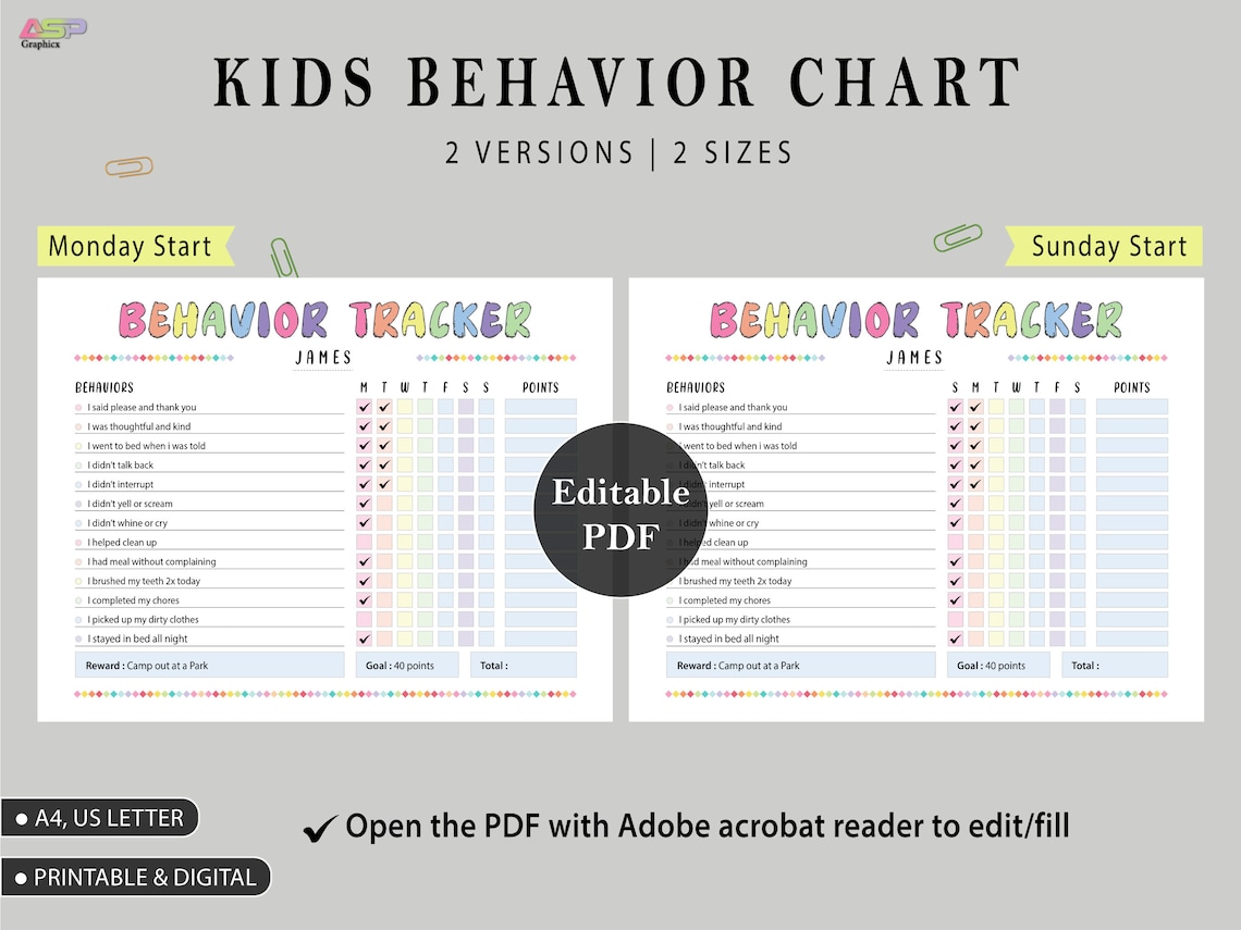 Behavior Reward Chart for Kids | Editable Digital PDF | Good Behavior ...
