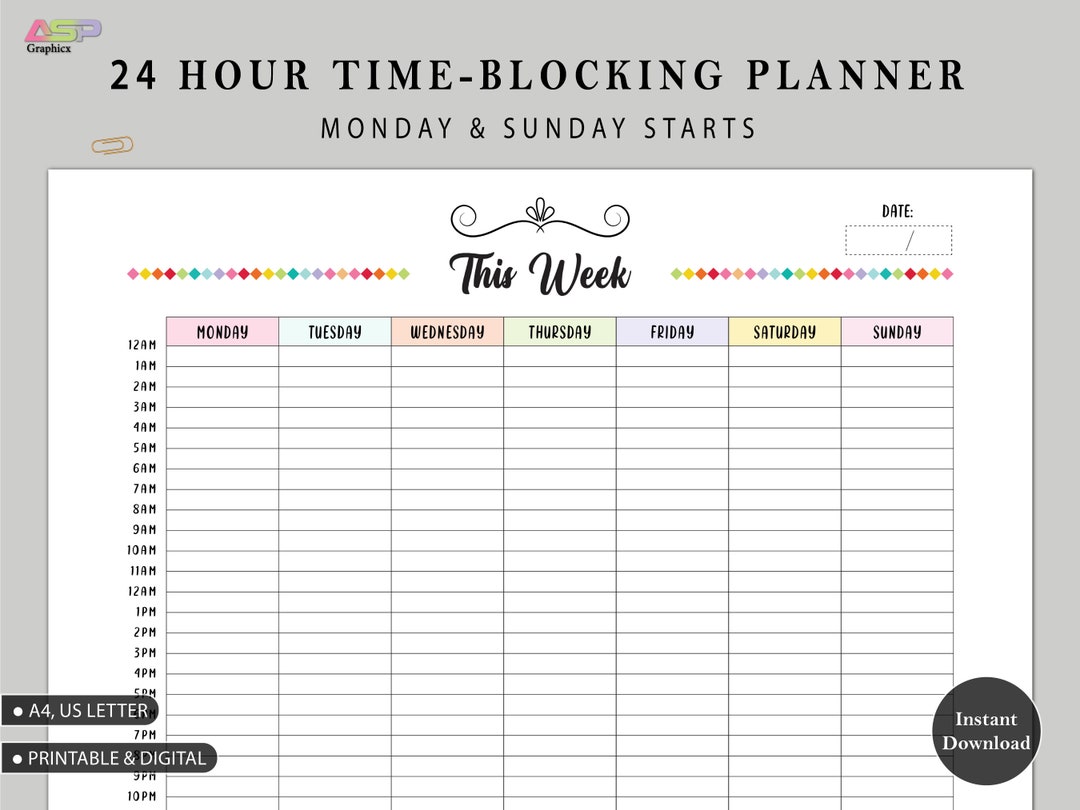 24 Hour Time Blocking Weekly Planner Printable | Weekly Schedule ...