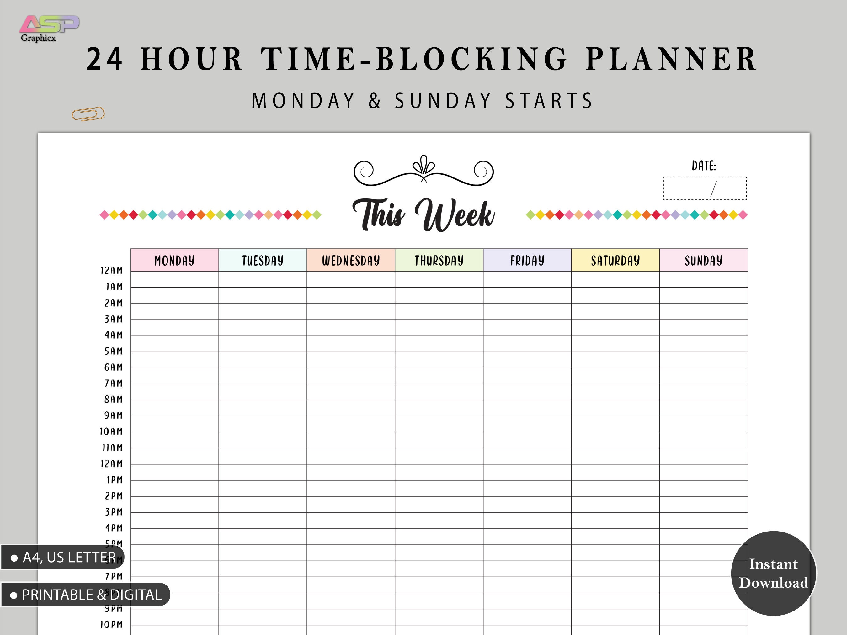 24 Hour Time Blocking Weekly Planner Printable Weekly - Etsy