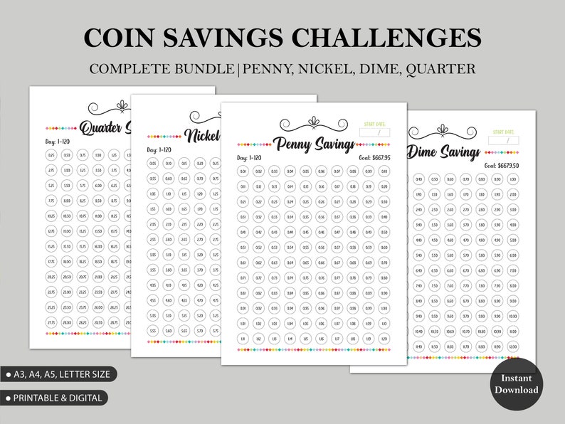 365 Days Penny Nickel Dime Quarter SAVINGS CHALLENGE BUNDLE - Etsy