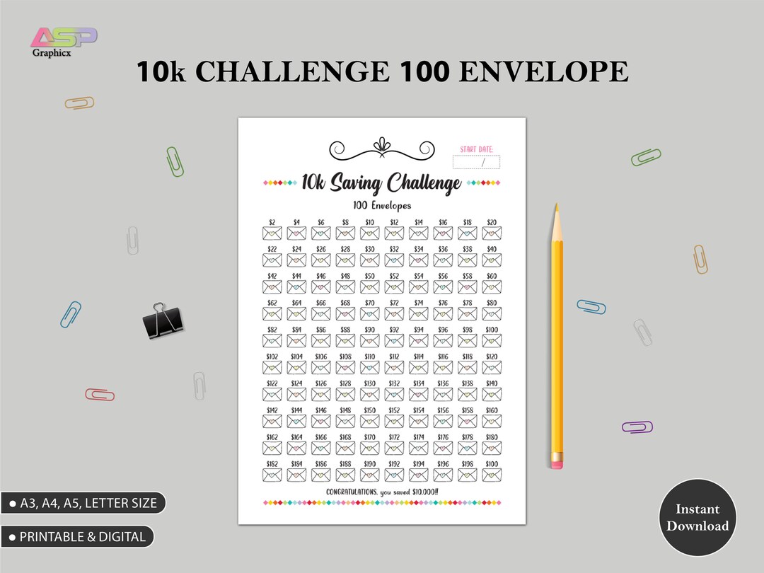 10K 100 ENVELOPE CHALLENGE Printable | 10,000 Saving Tracker | 10K ...