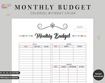 Monthly Budget Plan | Printable Finance Tracker | Expense Log | Budget ...