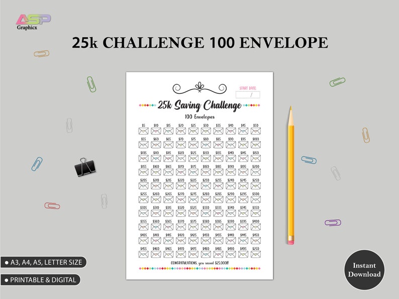 25K Savings Challenge Printable | 100 Envelope Tracker (A3 A4 A5 Letter ...
