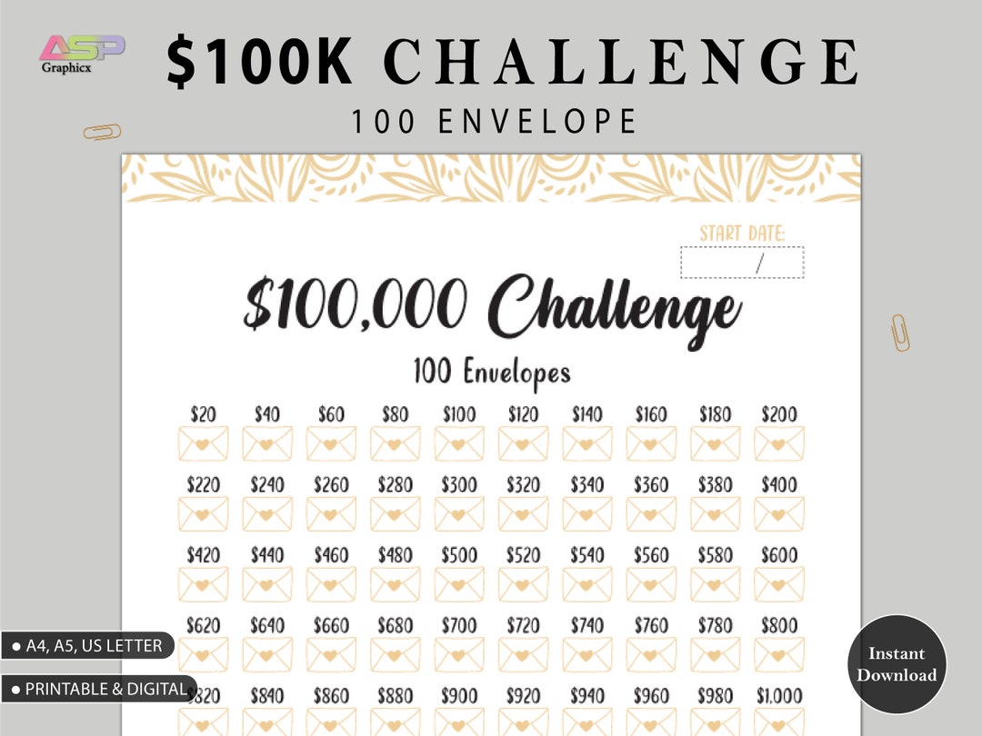 100K 100 ENVELOPE CHALLENGE Printable | 100,000 Saving Tracker | 100K ... 100K 100 ENVELOPE CHALLENGE Printable | 100,000 Saving Tracker | 100K ...