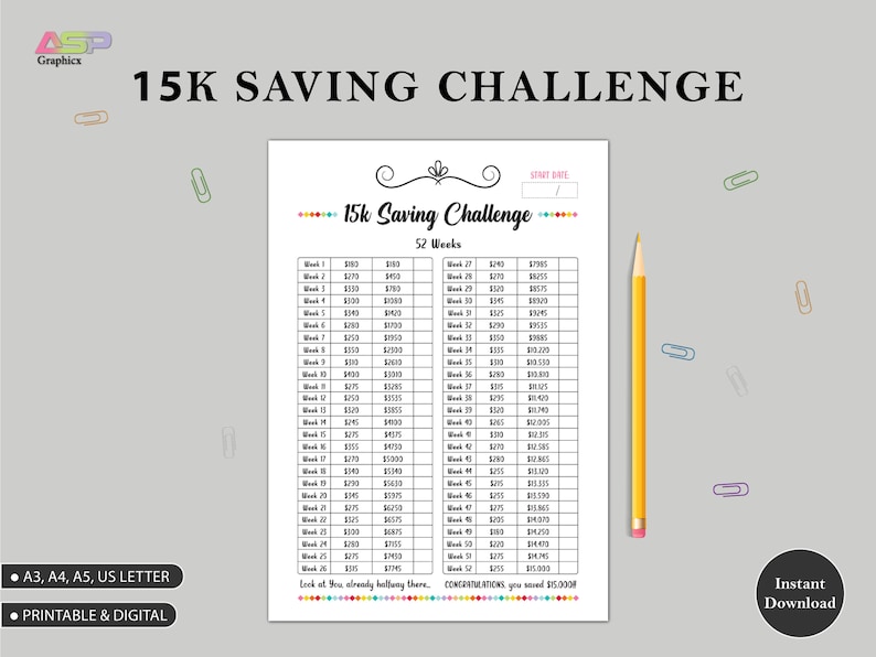 15K 52 Week Saving Challenge Printable 15000 in 1 Year - Etsy 15K 52 Week Saving Challenge Printable 15000 in 1 Year - Etsy
