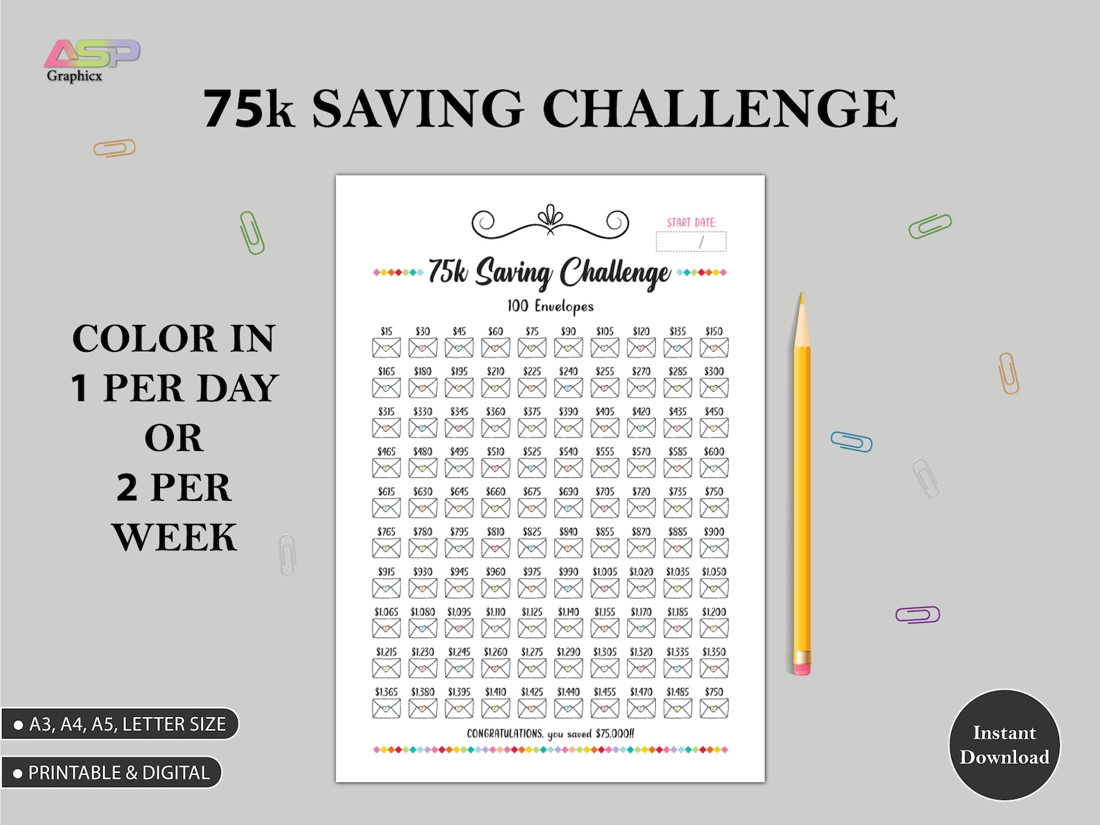 75K 100 ENVELOPE CHALLENGE Printable 75000 Saving Tracker - Etsy UK