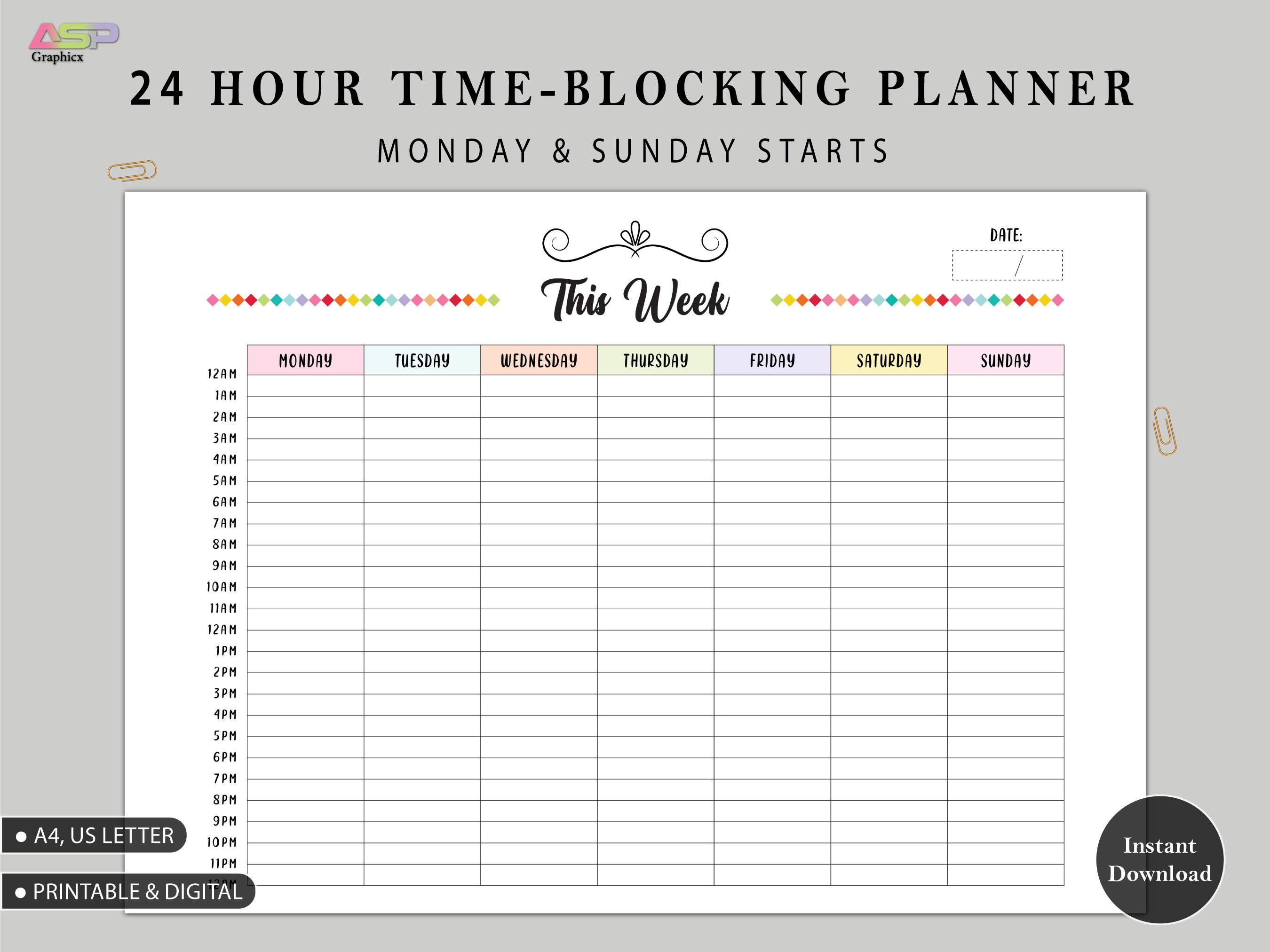 24 Hour Time Blocking Weekly Planner Printable Weekly - Etsy