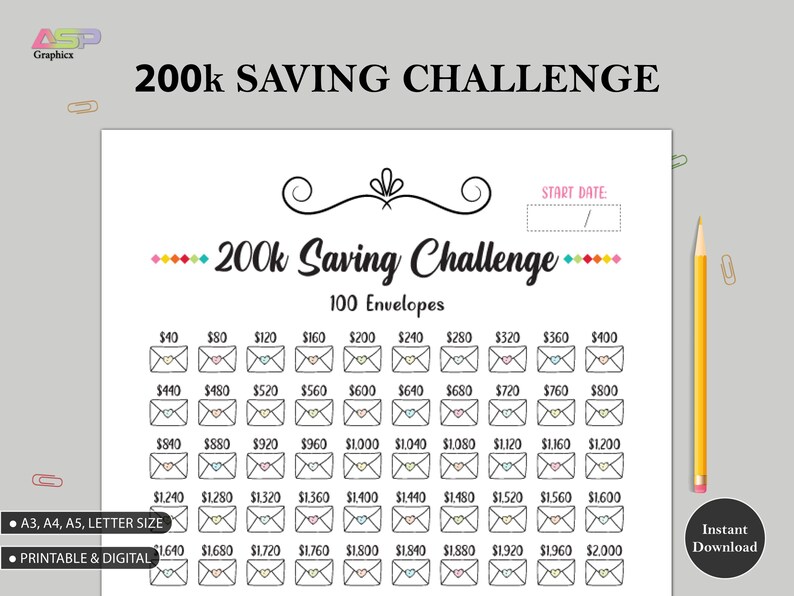 200K 100 ENVELOPE CHALLENGE Printable 200000 Saving Tracker - Etsy