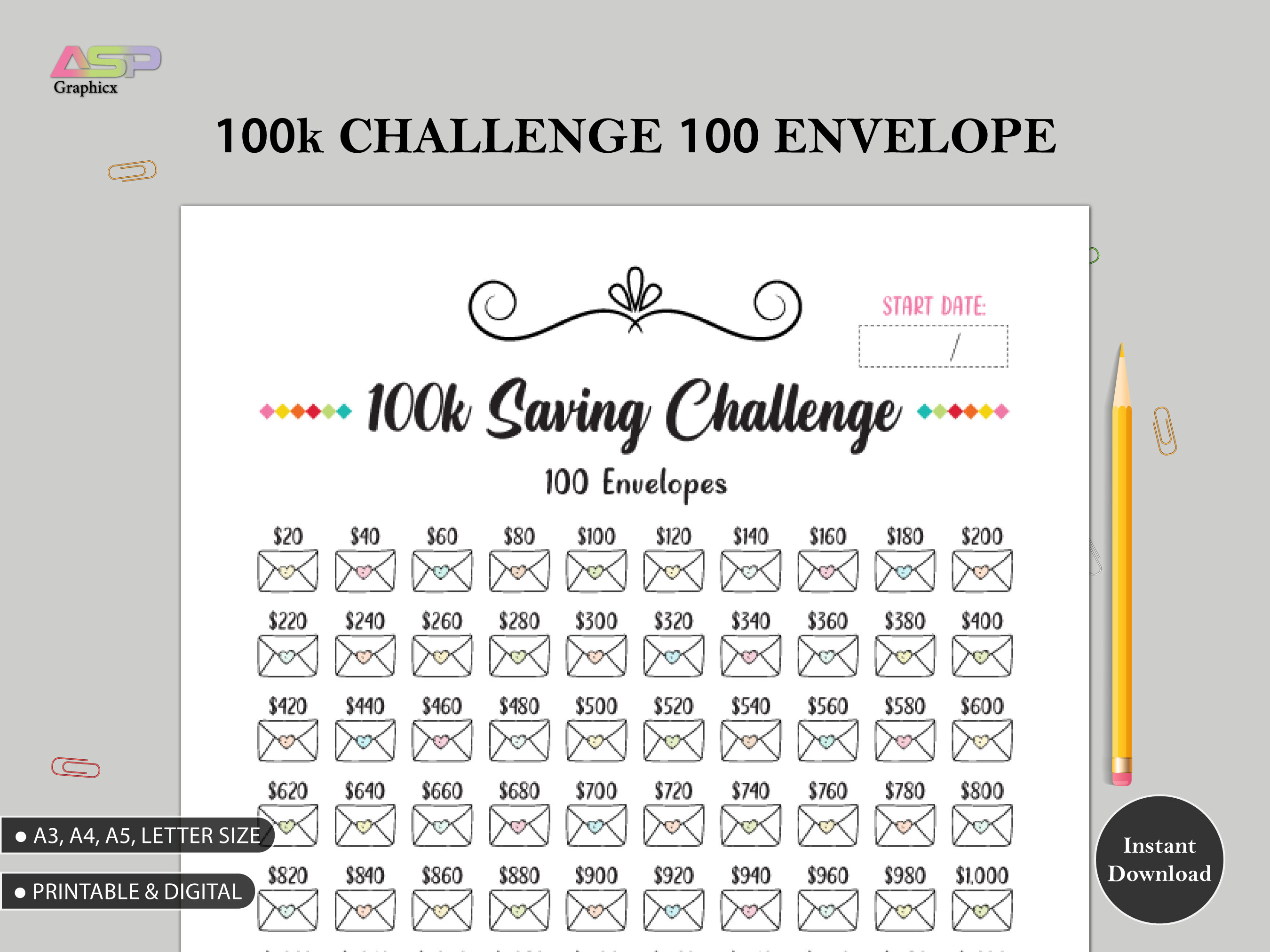 100K 100 ENVELOPE CHALLENGE Printable 100000 Saving Tracker - Etsy