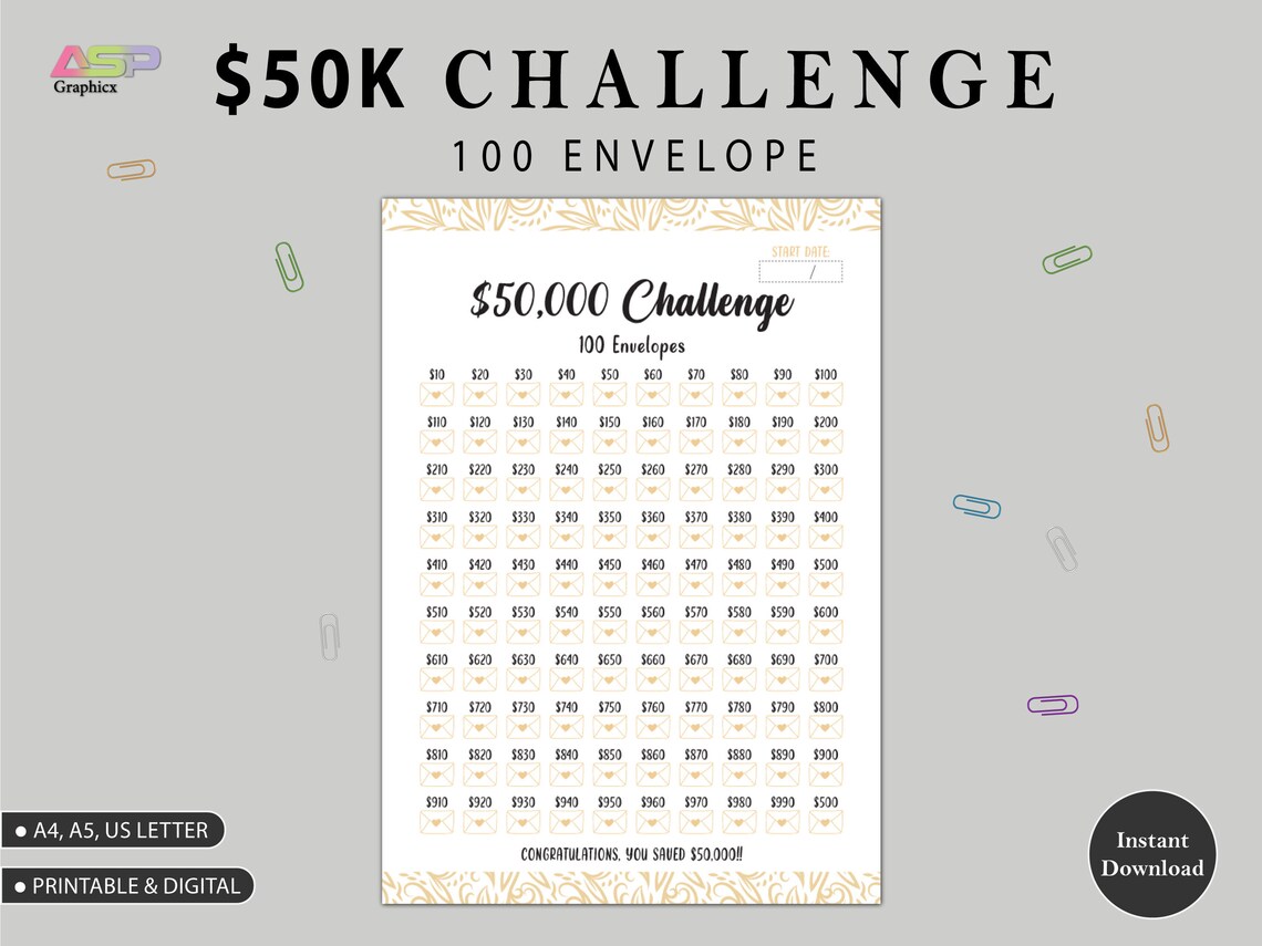 50K 100 ENVELOPE CHALLENGE Printable | 50,000 Saving Tracker | 50K ...