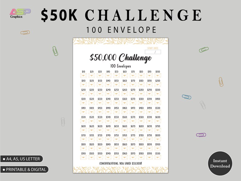 50K 100 ENVELOPE CHALLENGE Printable | 50,000 Saving Tracker | 50K ...