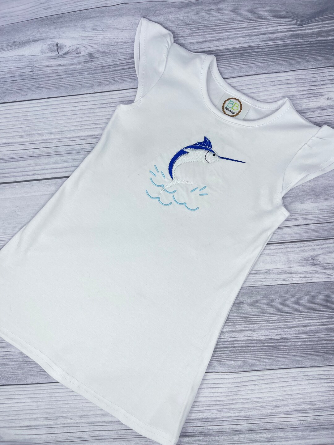 Girls Blue Marlin Dress, Blue Marlin Summer Bubble Romper, Embroidered ...