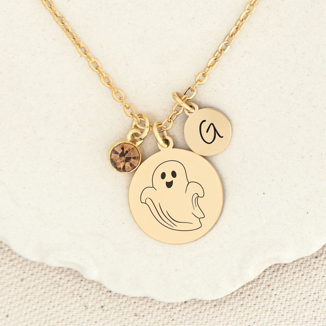 Cute Ghost Necklace, Halloween Jewelry, Custom Initial and Birthstone ...