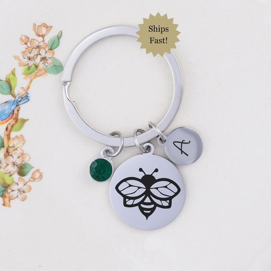 Bee Keychain, Gold or Silver Plate, Gift for Bee Lover, Custom Initial ...
