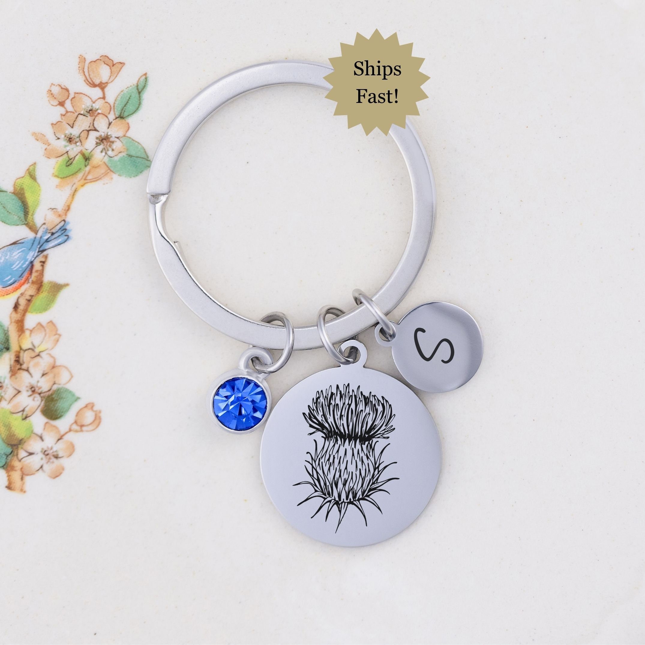 Scottish Thistle Keychain With Optional Birthstone or Initial Coin - Etsy