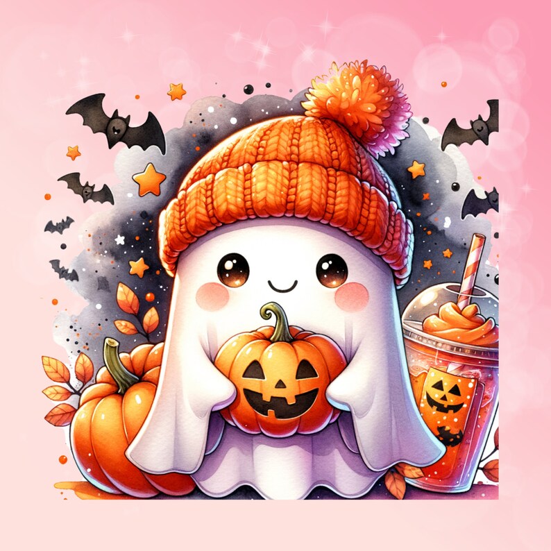 Halloween Décor, Cute Ghost Art, Kawaii Halloween, Pumpkin Illustration ...